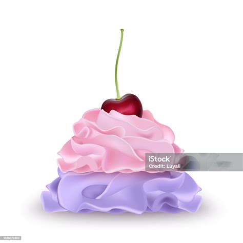 분홍색 보라색 휘 핑된 크림 케이크 컵 케 익 요구르트 아이스크림 위에 벚꽃 상세한 3d 그림 흰색 절연입니다 웹에 대 한 요소를 디자인 하거나 포장을 인쇄 합니다 3차원