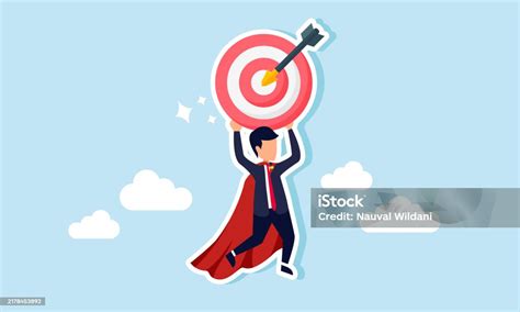 슈퍼 사업가가 타겟 보드를 들고 하늘을 날고 있는 모습은 실적이 우수한 직원이 비즈니스 목표를 달성하여 회사의 성과를 높이는 모습을 보여줍니다 개발에 대한 스톡 벡터 아트