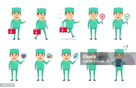 다양 한 행동을 보여주는 의사 캐릭터의 집합입니다 의료 가방을 들고 쾌활 한 의사 실행 산책 및 기타 작업을 보여주는 가방에