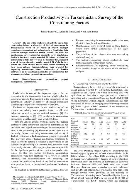 Pdf Construction Productivity In Turkmenistan Survey Of The Constraining Factors