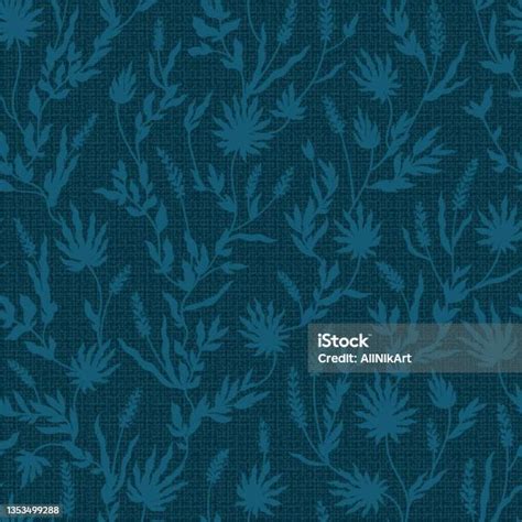 트로피컬 플로럴 패턴 꽃과 잎 실루엣 매끄러운 패턴 모방 리넨 버랩 텍스처와 배경 다크 블루 컬러 0명에 대한 스톡 벡터 아트