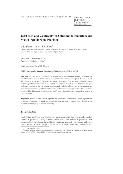 Pdf Existence And Continuity Of Solutions To Simultaneous Vector