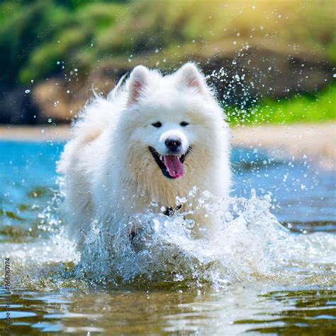 계곡에서 물놀이 하는 사모예드 Stock Illustration Adobe Stock