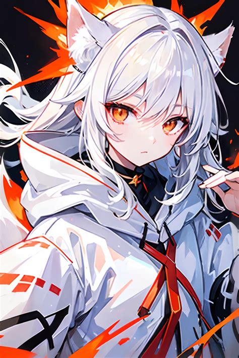 흰 머리와 고양이 귀를 가진 애니메이션 소녀 Seaart Ai