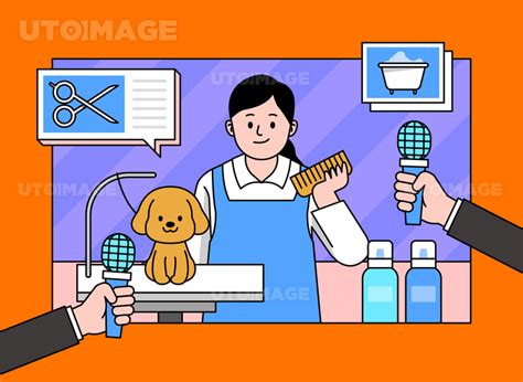 유토이미지 무료 콘텐츠 애견미용정보를 안내하는 애견미용사 벡터 일러스트