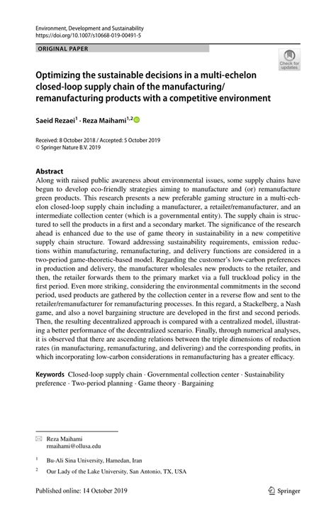 Pdf Optimizing The Sustainable Decisions In A Multi Echelon Closed Loop Supply Chain Of The