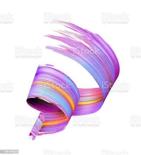 3d 렌더링 추상 브러시 스트로크 네온 얼룩 파스텔 바이올렛 접힌 리본 페인트 질감 예술적 클립 아트 흰색 배경에 고립 붓에