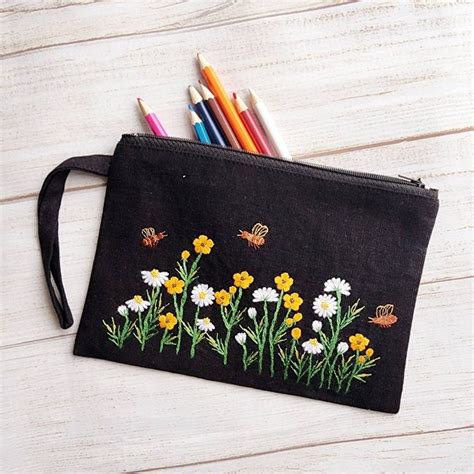 Hand Embroidered Bag Zipper Pouch Pencil Case Make Up Bag Floral