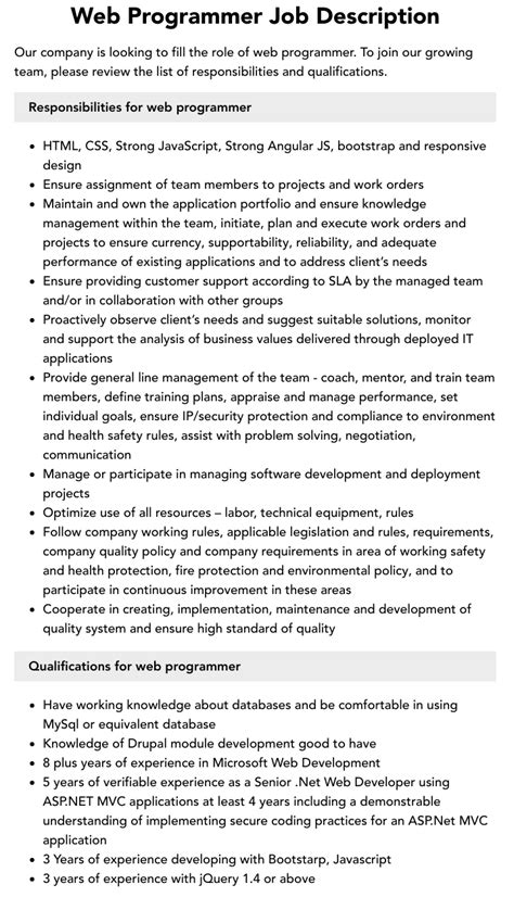 Web Programmer Job Description Velvet Jobs