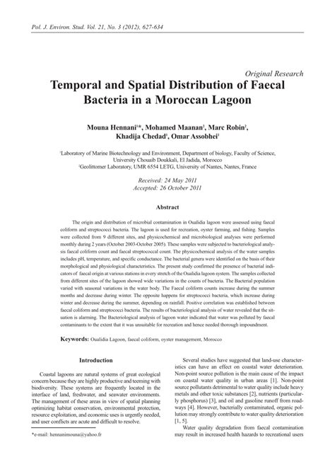 Pdf Temporal And Spatial Distribution Of Faecal Bacteria In A Moroccan Lagoon