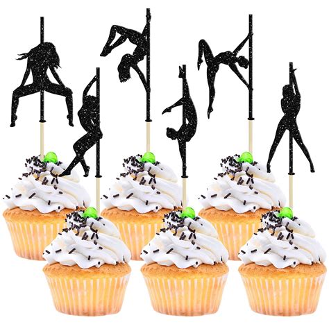 Gyufise 24pcs Pole Dance Girl Cupcake Toppers Black Glitter Pole Dancing Cupcake