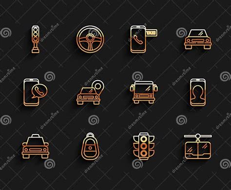 set line taxi car car key with remote traffic light cable map