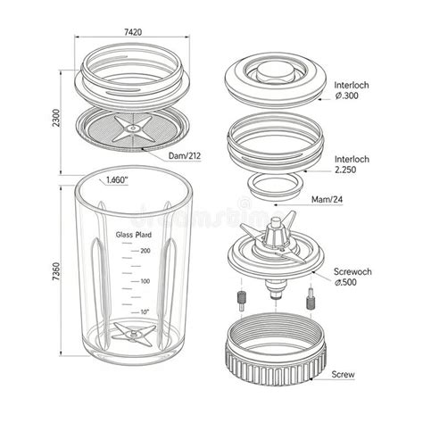 Diagram Of A Blender Assembly With Labeled Parts And Measuremen Stock