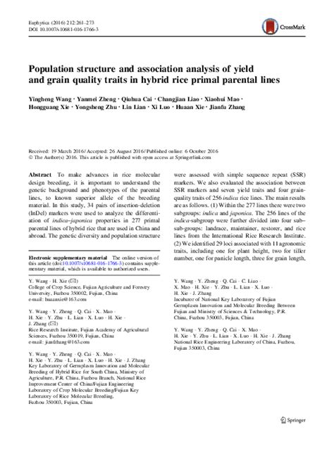 Pdf Population Structure And Association Analysis Of Yield And Grain Quality Traits In Hybrid