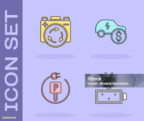 재활용 기호 충전 주차 전기 자동차 및 전기 가격 아이콘으로 배터리 충전을 설정합니다 벡터 배터리 전원에 대한 스톡 벡터 아트