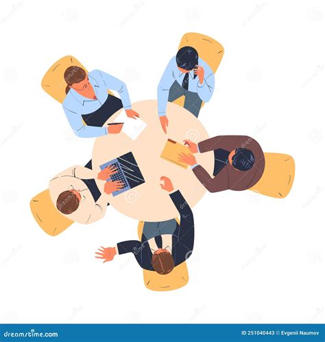 Teamwork With Office Worker Brainstorming At Round Table Discussing Project Above View Vector