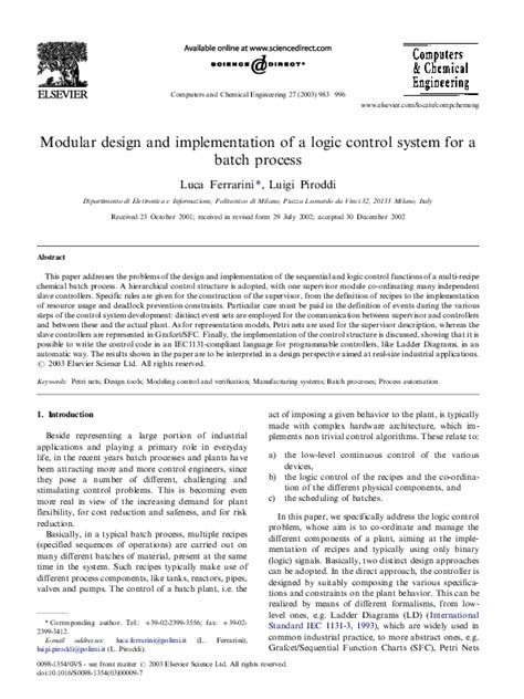 Pdf Modular Design And Implementation Of A Logic Control System For A Batch Process