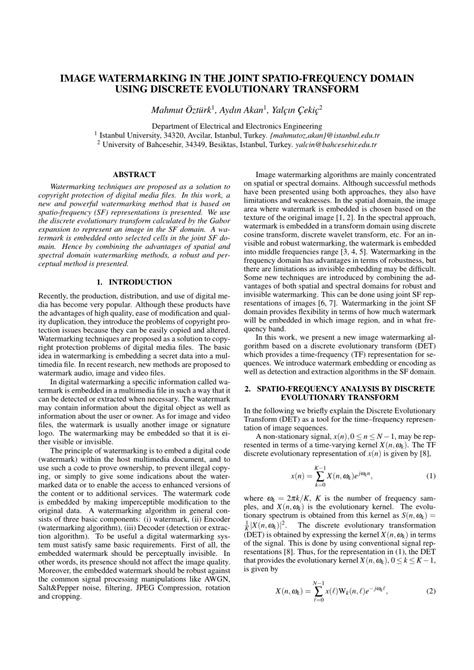 Pdf Image Watermarking In The Joint Spatio Frequency Domain Using Discrete Evolutionary Transform