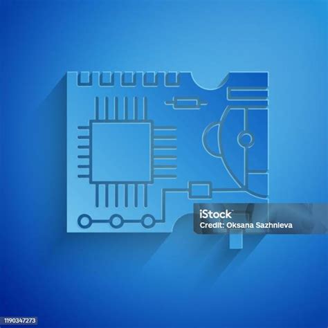 종이 절단 파란색 배경에 격리 인쇄 회로 기판 Pcb 아이콘 종이 아트 스타일입니다 벡터 일러스트레이션 Cpu에 대한 스톡 벡터