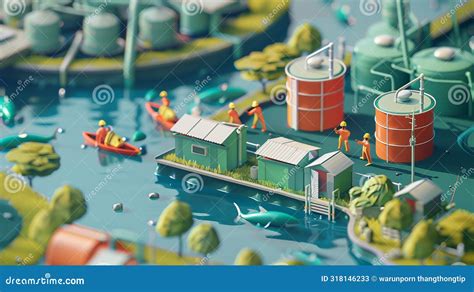 Cartoon Men Working In Fish Farm Control Inspecting And Analyzing At