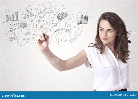 Pretty Girl Sketching Graphs And Diagrams On Wall Stock Image Image Of Concept Chart 49530613