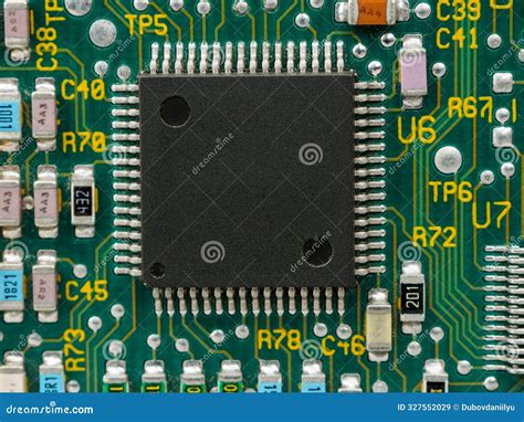 close up of microcircuits and components chips diodes and capacitors