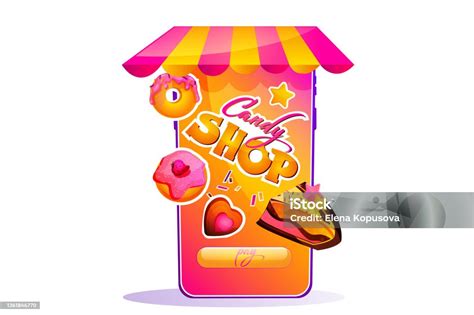 고립 된 흰색 배경에 디저트와 과자를 가진 만화 스타일의 전화 달콤한 상점 웹 페이지 또는 웹 상점 방문 페이지 Eps 10