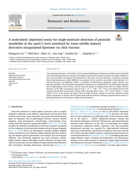 Pdf A Molecularly Imprinted Sensor For Single Molecule Detection Of Pesticide Metabolite At