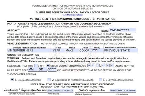 Florida Odometer Disclosure Statement Fl 2025 Form