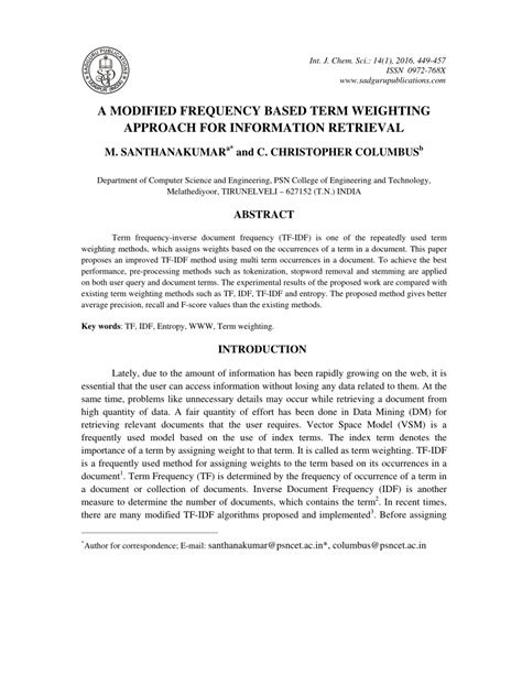 Pdf A Modified Frequency Based Term Weighting Approach For Information Retrieval