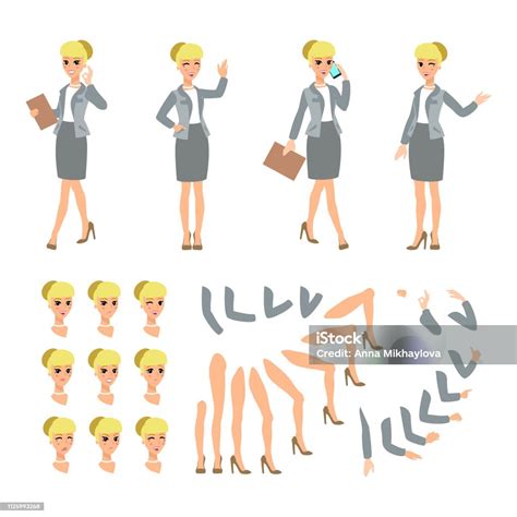 사업가 캐릭터 애니메이션 젊은 아가씨 인물 생성자입니다 다른 여자 자세 얼굴 다리 손 벡터 만화 사람입니다 사람들에 대한 스톡