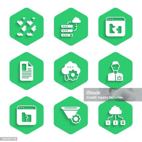 클라우드 기술 데이터 전송 필터 설정 분석가 엔지니어 파일 누락 문서 깨진 파일 및 데이터 스트림 아이콘을 설정합니다 벡터