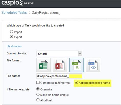 scheduled task export file naming with date stamp import export on