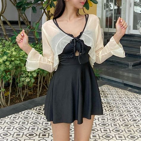 블랙 프릴 원피스수영복커버업 가디건 셋업 2p