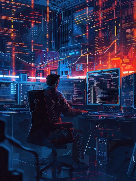 a hacker sits at a desk in a dimly lit room focused on multiple