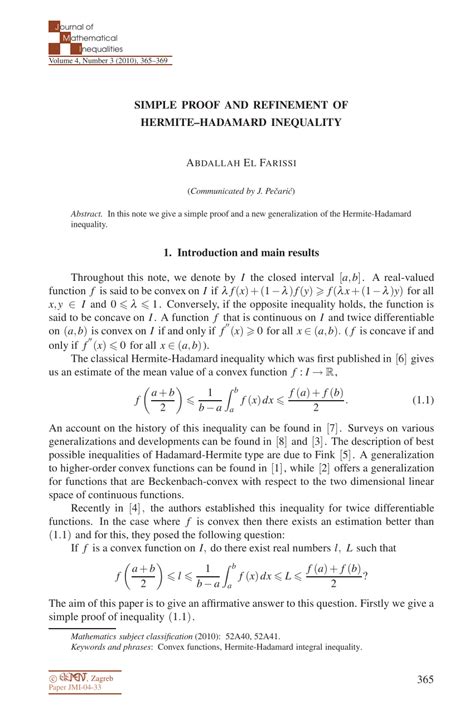 Pdf Simple Proof And Refinement Of Hermite Hadamard Inequality