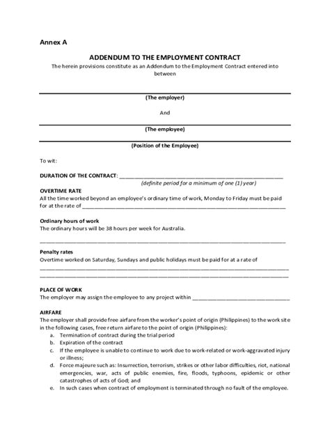 Fillable Online Annex A Addendum To The Employment Contract Fax Email Print Pdffiller