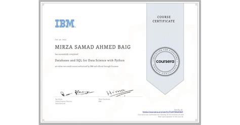 Completion Certificate For Databases And Sql For Data Science With