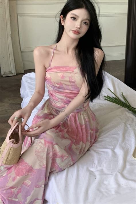 핑크프릴 린다 핑크 플라워 메쉬 민소매 나시 홀터넥 롱 원피스