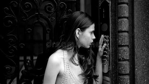 Woman Intercom Doorbell At Building Entrance Young Dress Woman Entering Code On Door Keyboard