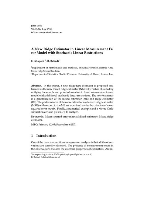 Pdf A New Ridge Estimator In Linear Measurement Error Model With Stochastic Linear Restrictions