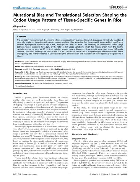 Pdf Mutational Bias And Translational Selection Shaping The Codon Usage Pattern Of Tissue