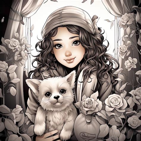 Premium Ai Image Cute Girl With Kitten And Puppy In The Style Of Fantasy Illustration Romantic