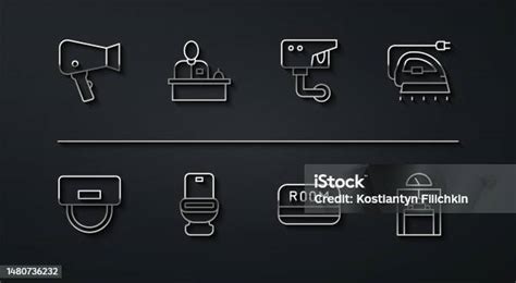세트 라인 헤어 드라이어 벨보이 모자 전기 다리미 호텔 키 카드 변기 리셉션 데스크 리프트 및 보안 카메라 아이콘 벡터 가정 생활에 대한 스톡 벡터 아트 및 기타 이미지