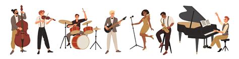 만화 재즈 뮤지션 전문 음악 밴드 사람들은 악기를 연주하고 노래를 부릅니다 피아노를 치는 남자 마이크를 가진 여자 엔터테인먼트 공연 기타와 색소폰 화려한 벡터 세트