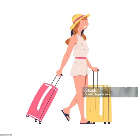 여행 가방을 들고 모자를 쓴 여자 캐릭터는 여행 벡터 일러스트레이션을 가지고 여름 휴가를 간다 가방에 대한 스톡 벡터 아트 및 기타 이미지 Istock