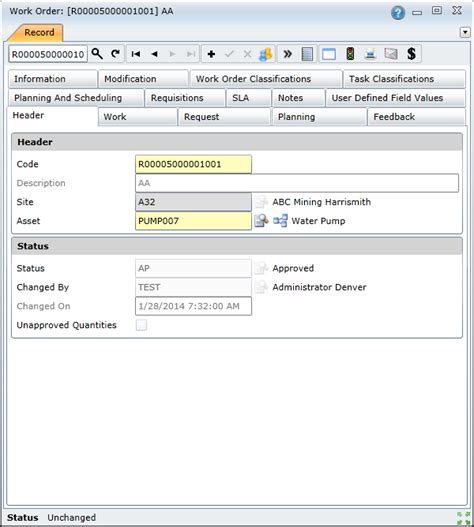 Work Order Header Tab