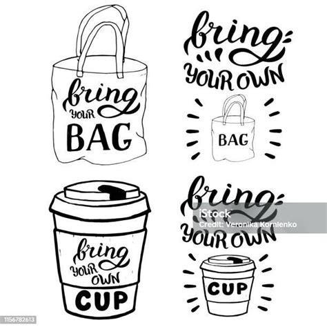 가방과 컵 타이포그래피 세트 템플릿을 가져오십시오 제로 폐기물 개념 상점 광고에 대한 현대적인 배너 벡터 Eps 10 형식입니다 0에 대한 스톡 벡터 아트 및 기타 이미지