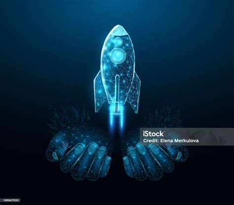 와이어 프레임 다각형 로켓 인터넷 기술 네트워크 빛나는 낮은 폴리 로켓 비즈니스 시작 개념 미래지향적인 현대추상추상 진한 파란색