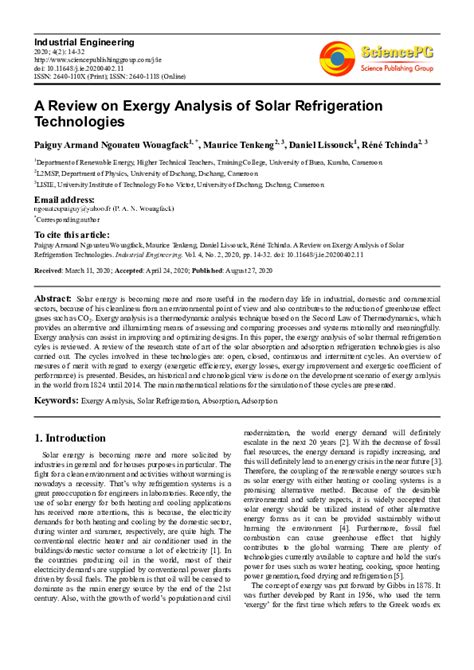 Pdf A Review On Exergy Analysis Of Solar Refrigeration Technologies